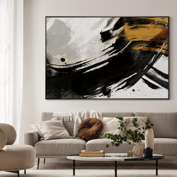 SIGNLEADER Contemporary Abstract Dynamic Black Brushstroke Home Decor Extra Large Framed Wall ...